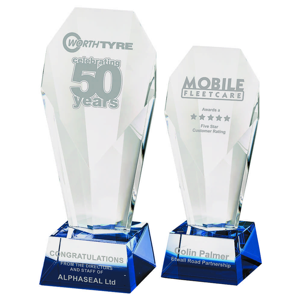Crystal Award With Blue Tinted Stand - RB Trophies & Engraving