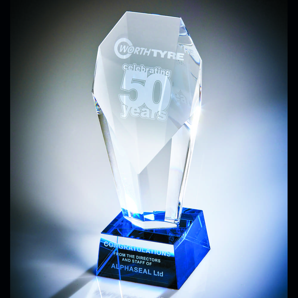 Crystal Award With Blue Tinted Stand - RB Trophies & Engraving
