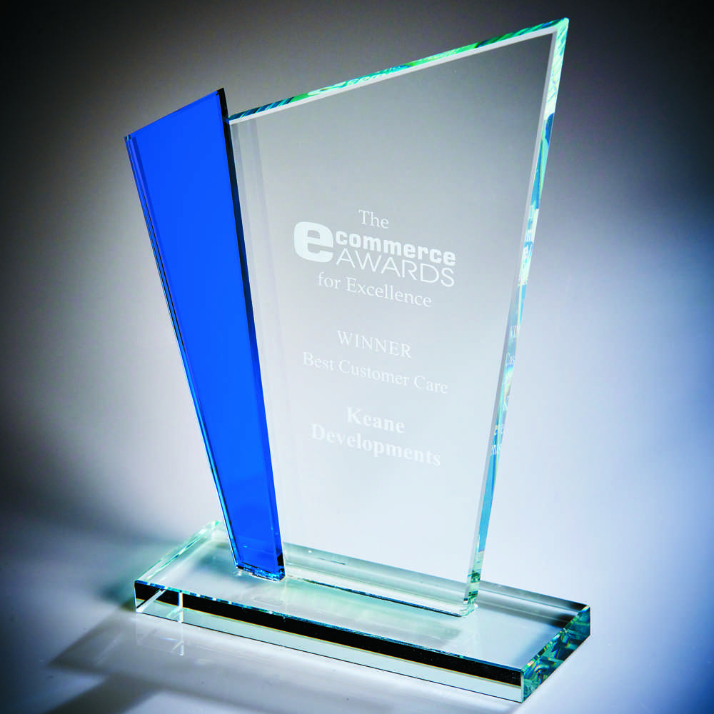 Clear and Blue Glass Wedge Stand - RB Trophies & Engraving