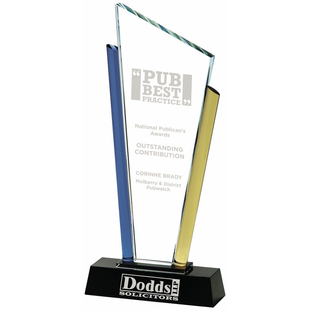 Clear Glass Stand With Blue & Yellow Trim - Roger Brown Trophies ...