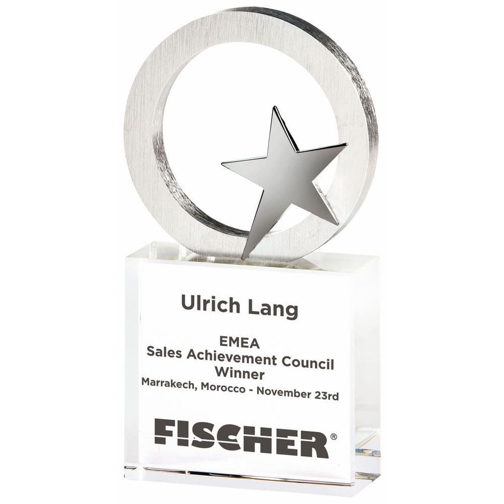 Metal Star/Circle Award On Clear Glass Base - RB Trophies & Engraving