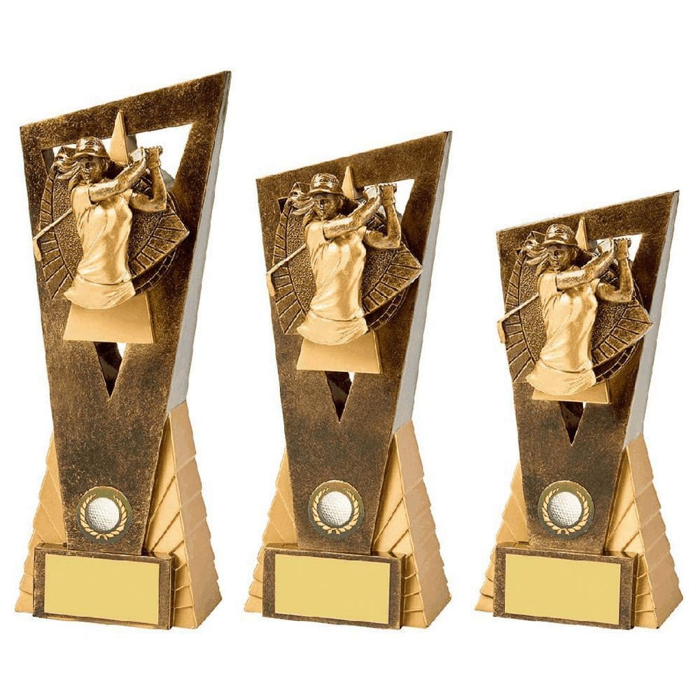 Antique Gold Female Golfer Shield/Wedge Trophy - RB Trophies & Engraving